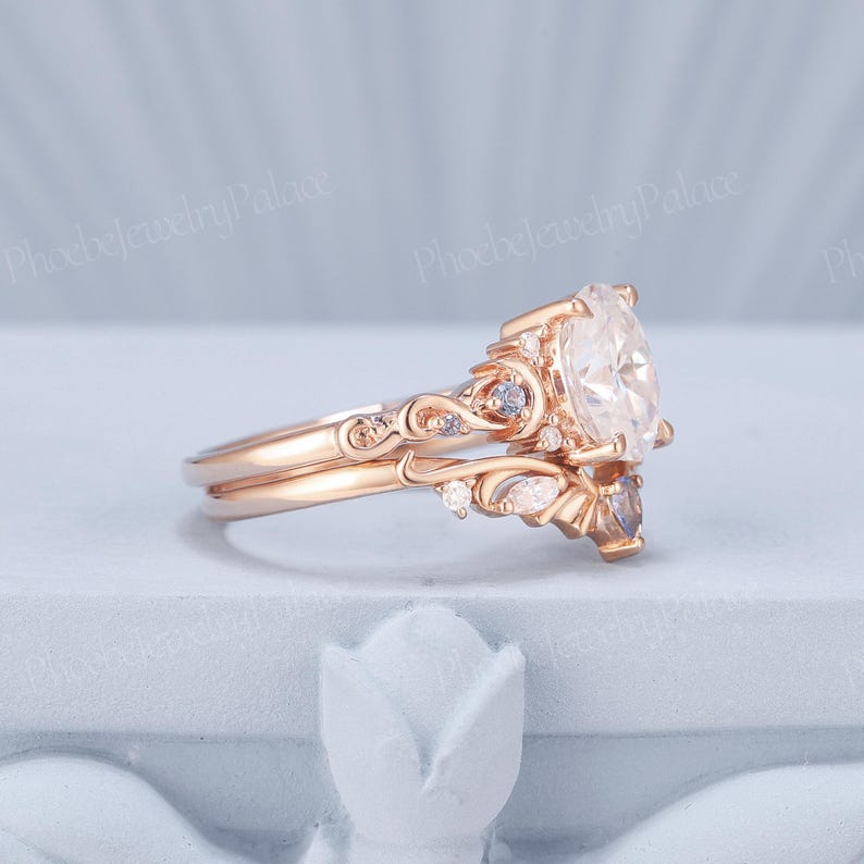 Vintage Oval Moissanite Engagement Ring Set Moon Design Bridal Set Gold ...