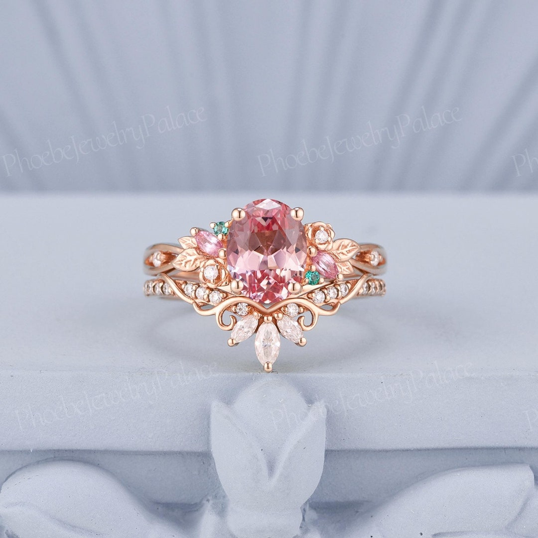 Art Deco Pink Sapphire Engagement Ring Set Natural Inspired Leaf ...