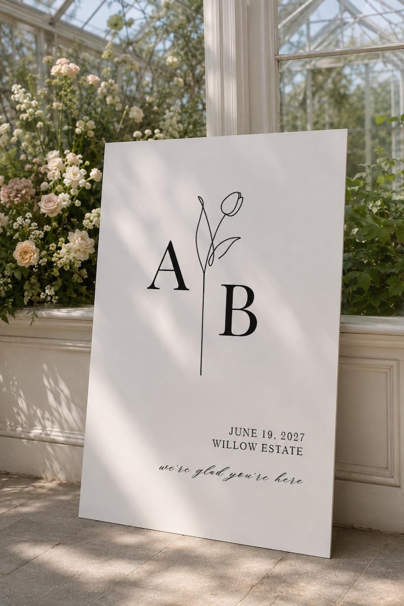 Tulip Monogram Wedding Welcome Sign Template, Minimalist Initials ...