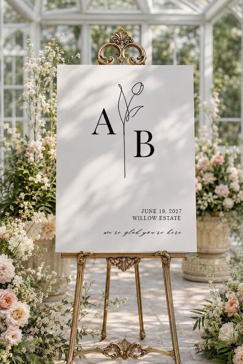 Tulip Monogram Wedding Welcome Sign Template, Minimalist Initials ...