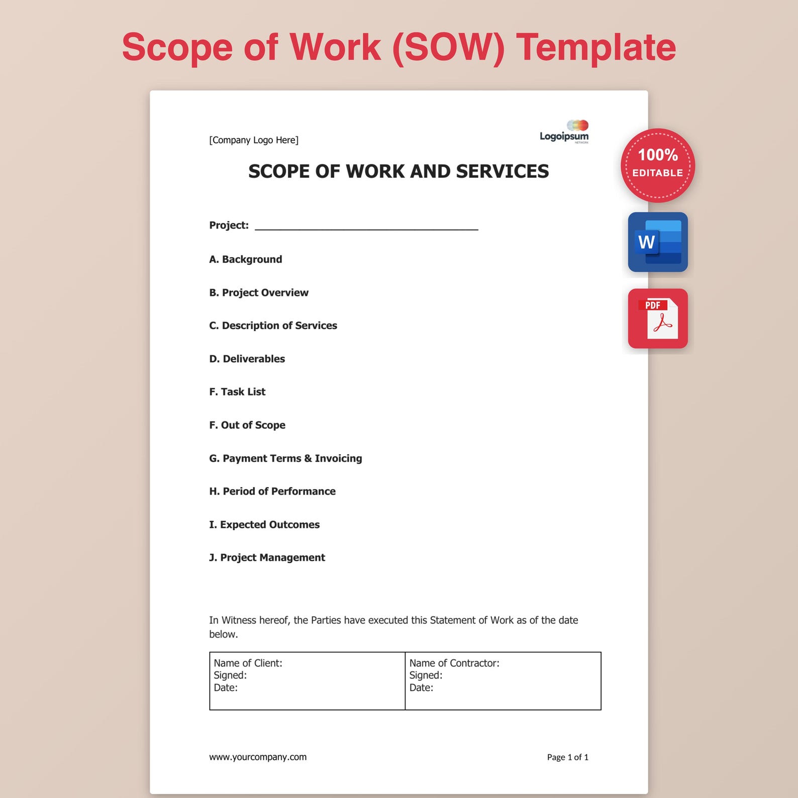 Scope of Work Template Download, SOW Template Word PDF, Project Scope ...