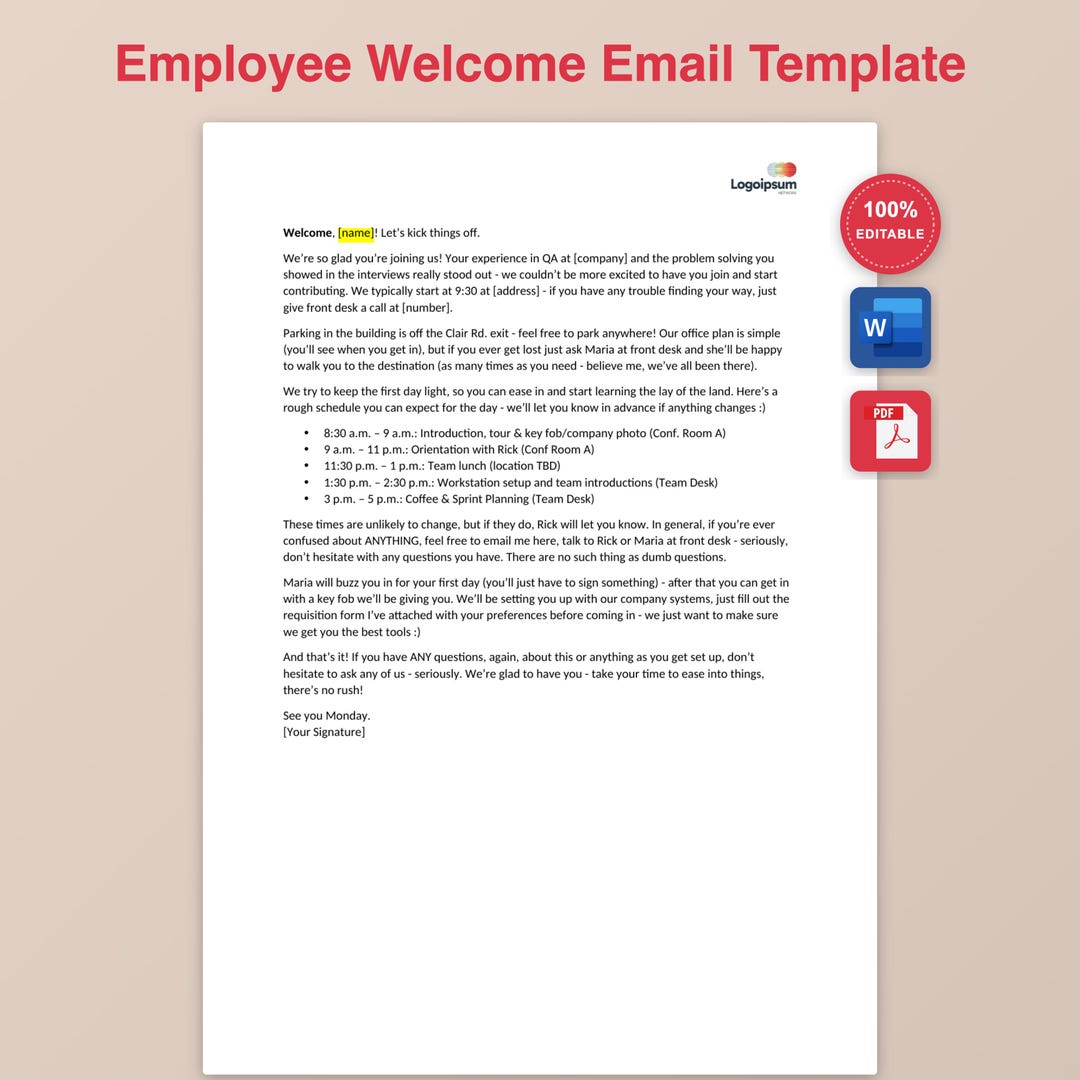 Employee Welcome Email Template Download, New Hire Welcome Message Word ...