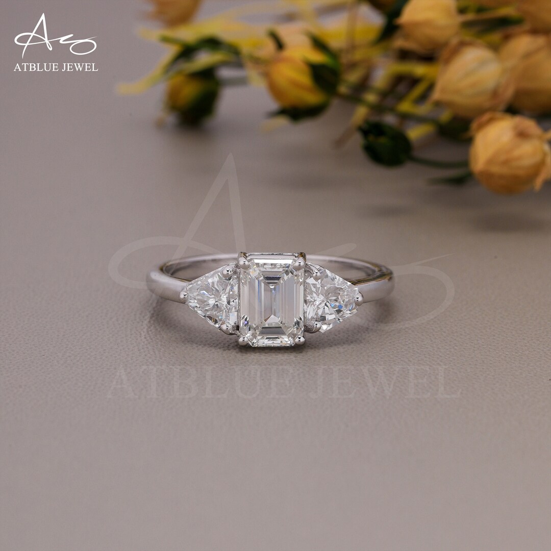 1CT Emerald Cut Diamond Ring,three Stone Diamond Engagement Ring,14kt ...