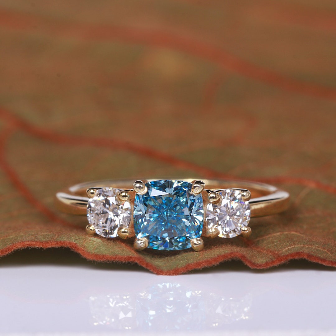 Blue Cushion Cut Lab Grown Diamond Ring, Three Stone Lab Diamond ...