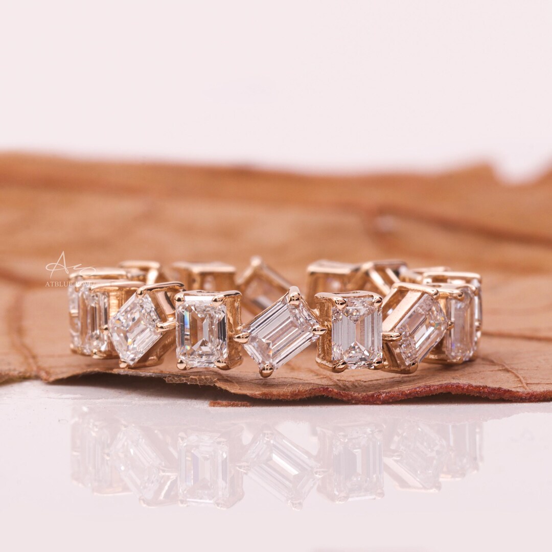 Emerald Cut Lab Grown Diamond Zig Zag Band, Full Eternity Wedding Ring ...