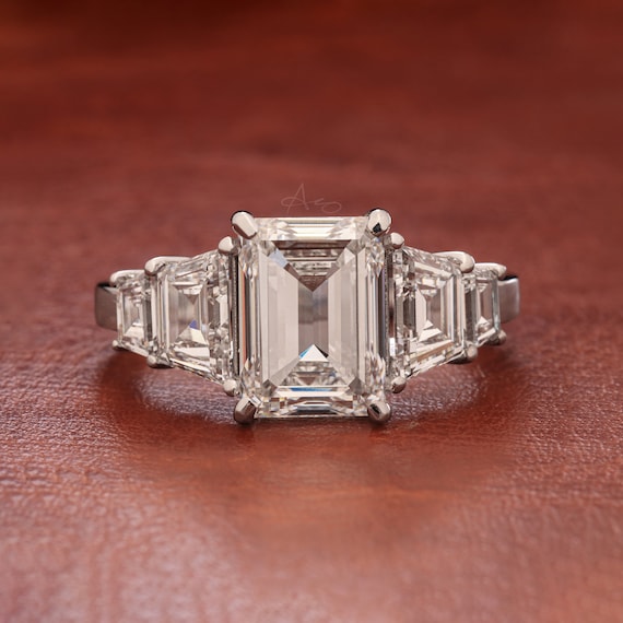 3.00ct Emerald Cut Five Stone Lab Grown Diamond Ring Engagement Ring Wedding Ring Proposal Ring Ring for Her Etsy