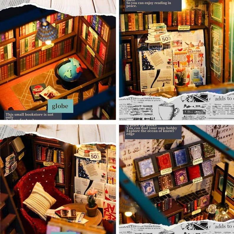 Enchanted Bookstore Diorama DIY Kit Miniature LED Bookshelf Decor, Soul ...