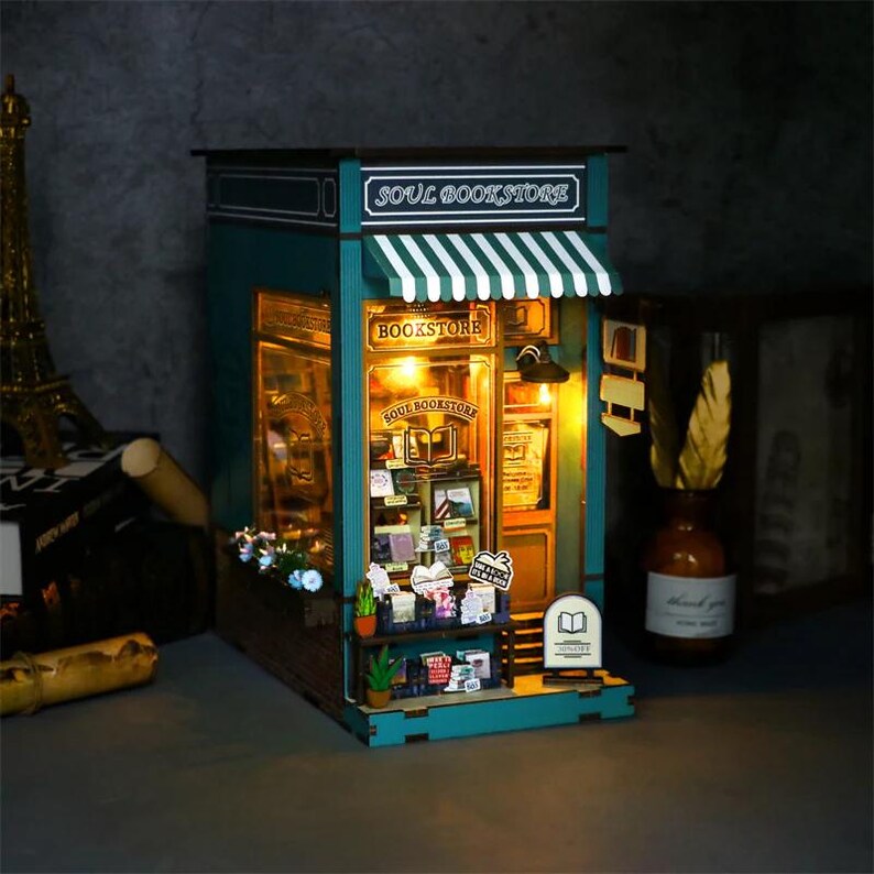 Enchanted Bookstore Diorama DIY Kit Miniature LED Bookshelf Decor, Soul ...