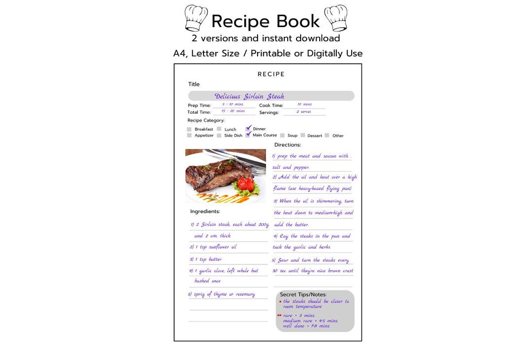 2 Versions of Recipe Paper L Printable and Digitally Use L A4 and US ...