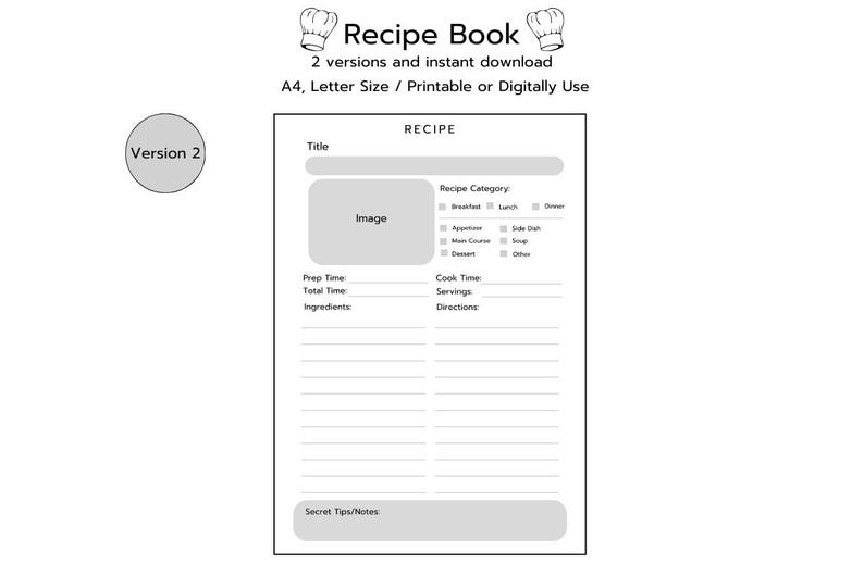 2 Versions of Recipe Paper L Printable and Digitally Use L A4 and US ...