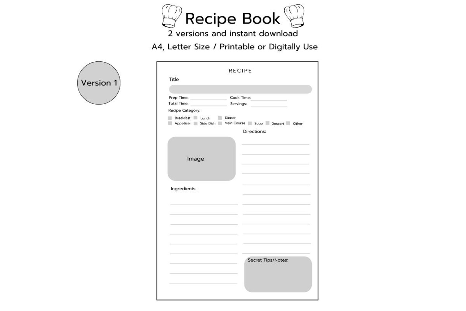 2 Versions of Recipe Paper L Printable and Digitally Use L A4 and US ...