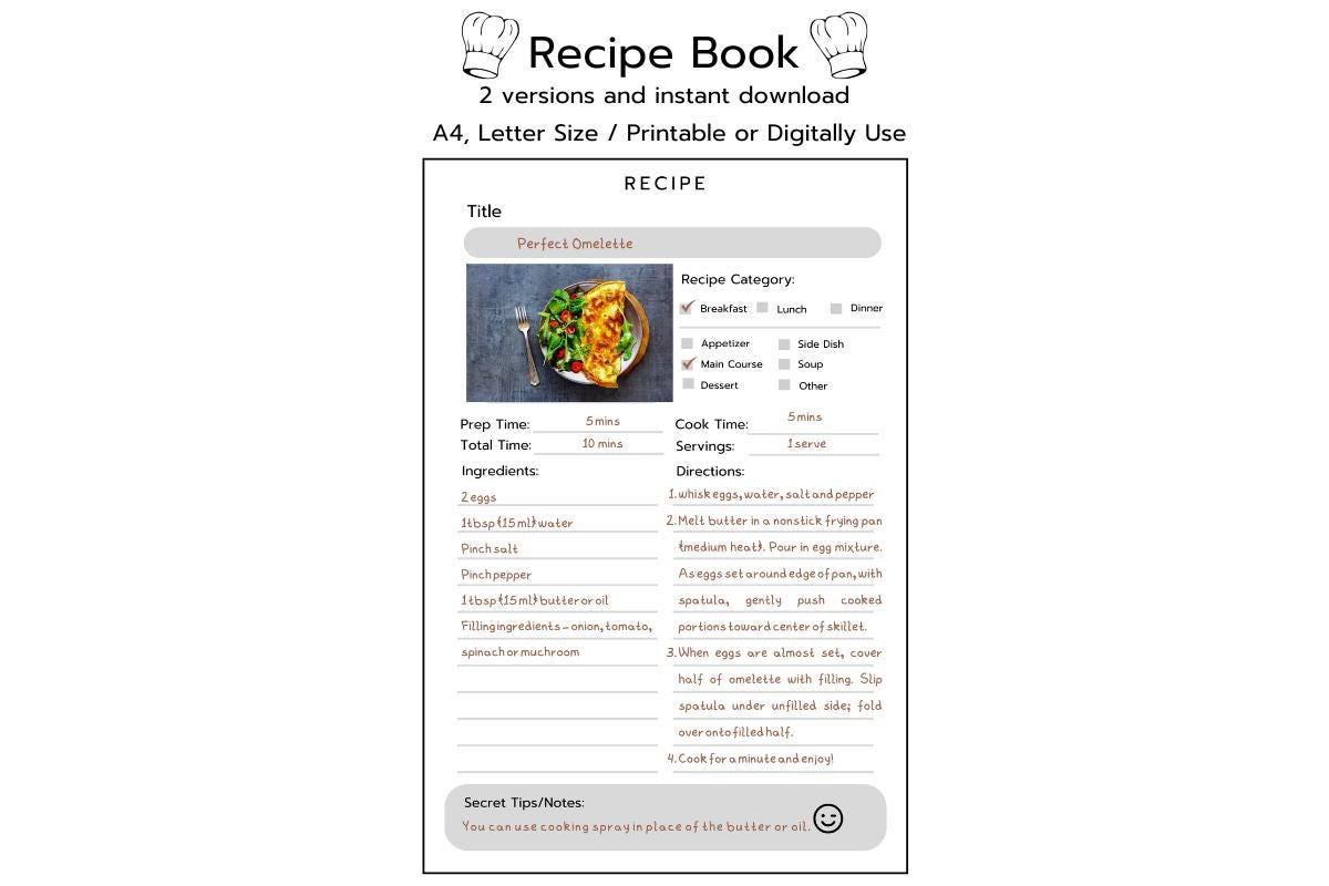 2 Versions of Recipe Paper L Printable and Digitally Use L A4 and US ...