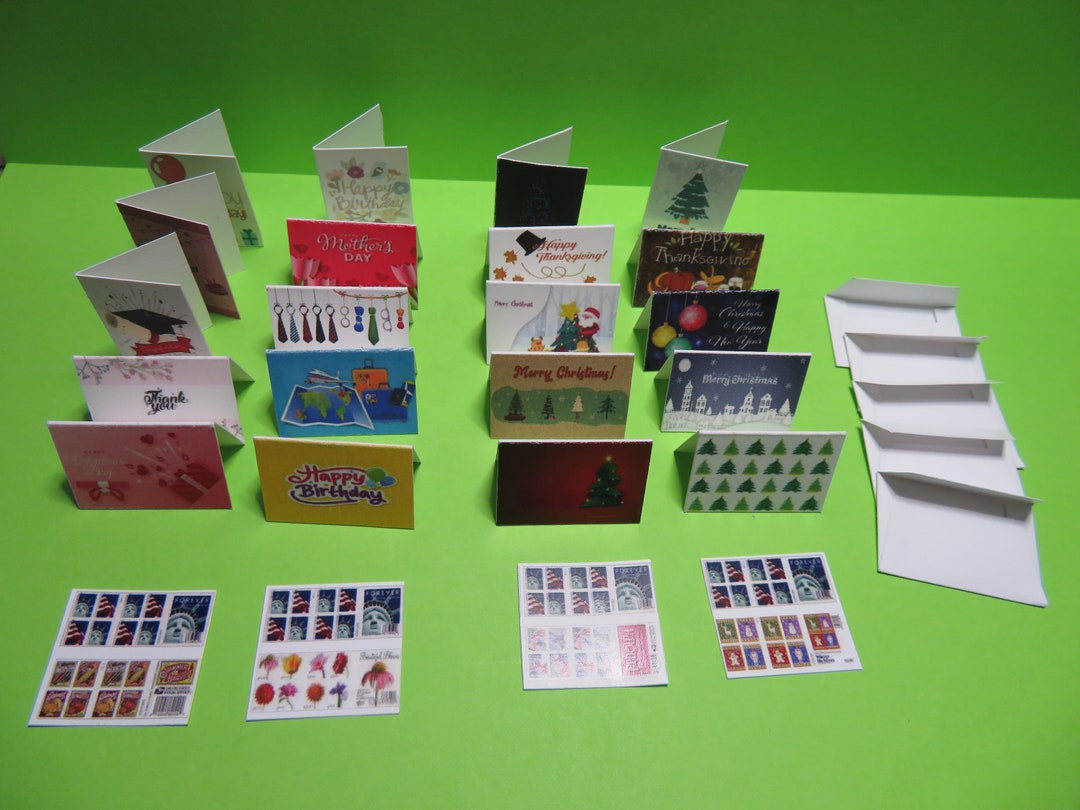 1:6 Scale Miniature Christmas Cards Birthday Cards & Stamps - Doll Size ...