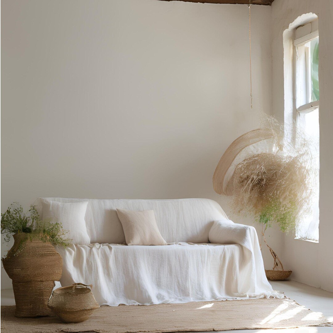 White Linen Couch Cover. Natural Linen Sofa Throw. Natural Sofa Cover ...