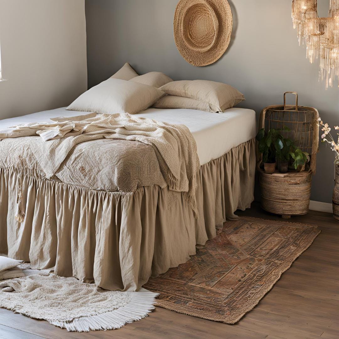 Custom Linen Bed Skirt – Handmade Tailored Dust Ruffle, Elegant Natural ...