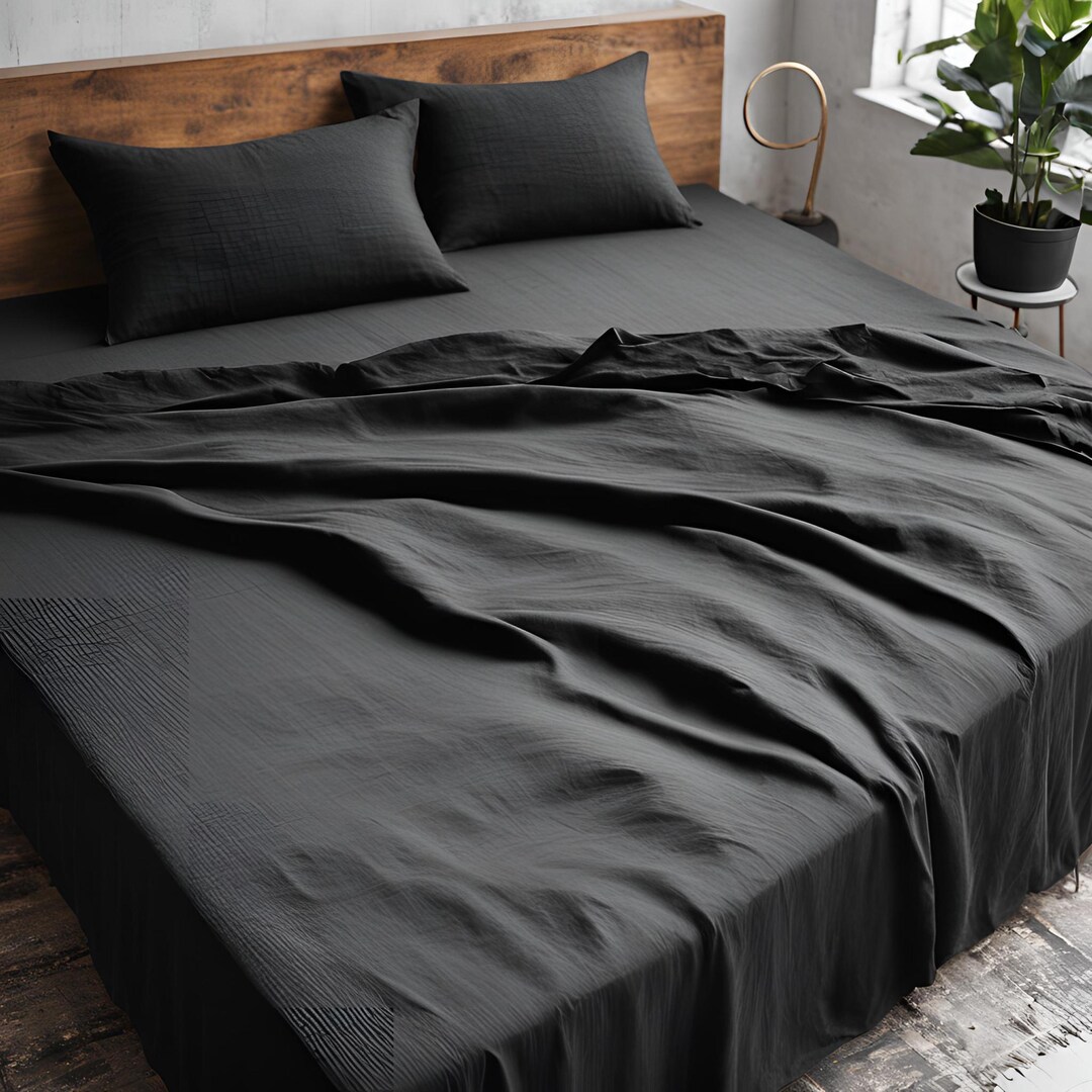 Luxury Black Linen Bedding Set – 100% Flax Linen Duvet Cover, Fitted ...