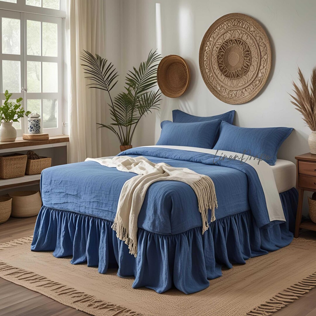 Royal Blue Linen Bedskirt With Ruffles & Deep Pockets – Handmade ...