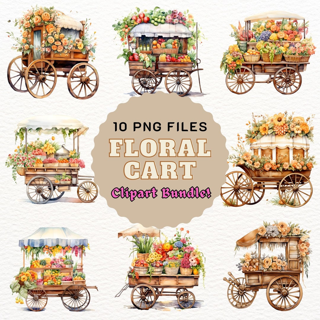 Watercolor Flower Carts Clipar Digital, Spring Florist Cart, Romantic ...
