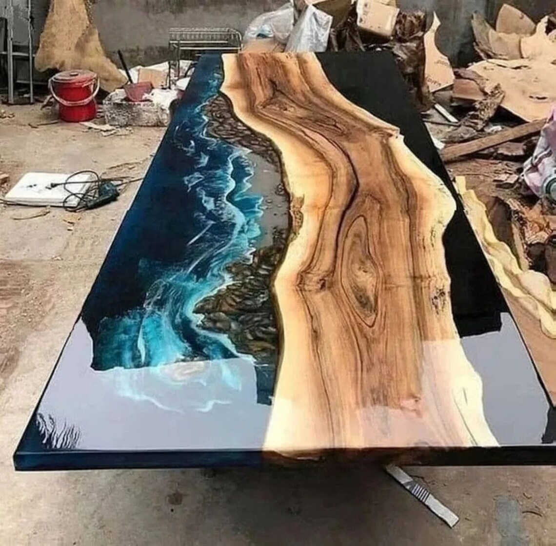 30x72 Ocean Wave Epoxy Resin Dining Table Wooden Live Edge Walnut ...