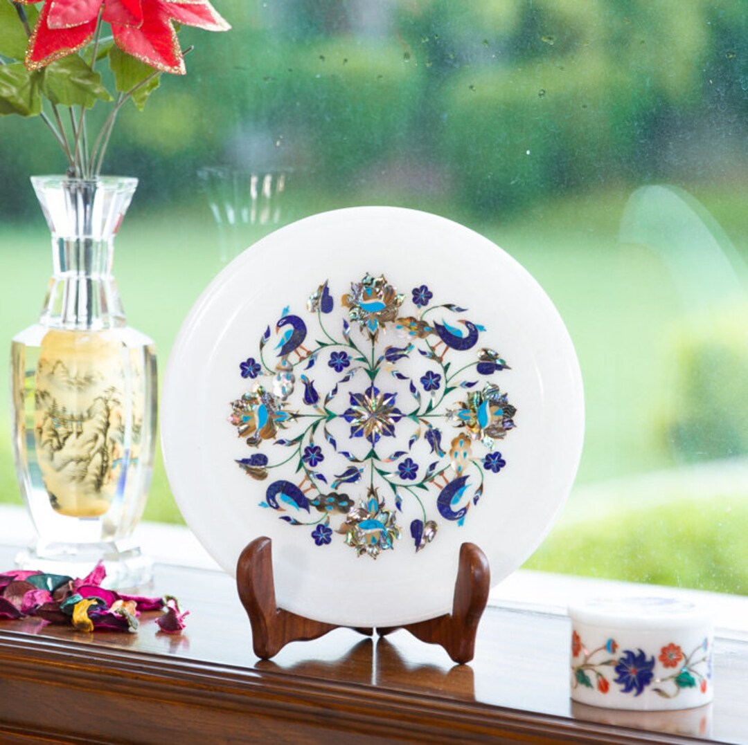 7 Marble Inlay Semi Precious Plate Top Kitchen Decorative Plate Gifting ...