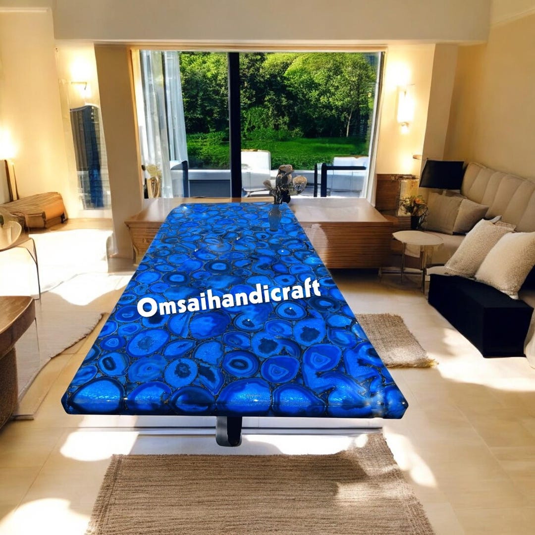 Blue Agate Stone Table Top: Handmade Luxury Gemstone Counter - Etsy