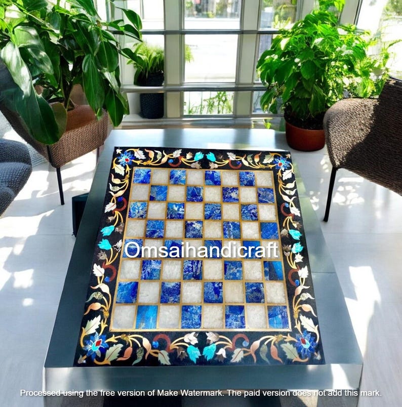 Black Marble Chess Board With Lapis Lazuli Inlay: Handmade Floral Art ...