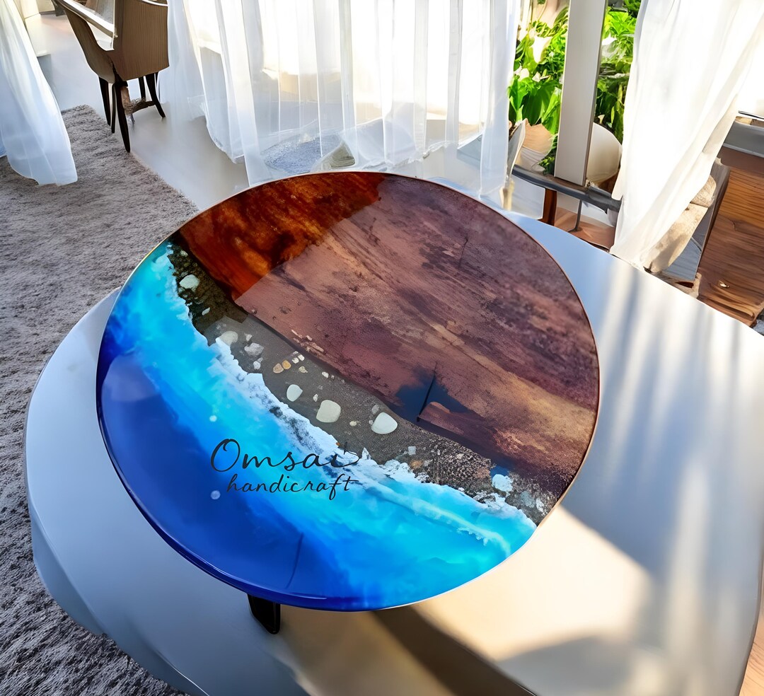 Handmade Epoxy Coffee Table: Round Ocean Resin, Walnut Wood - Etsy