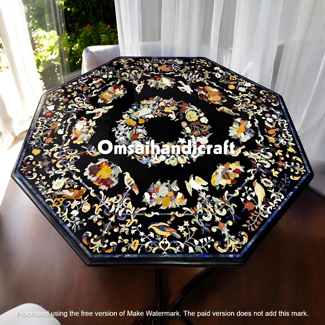 Handmade Octagonal Black Marble Inlay Table Top: Marquetry Art - Etsy