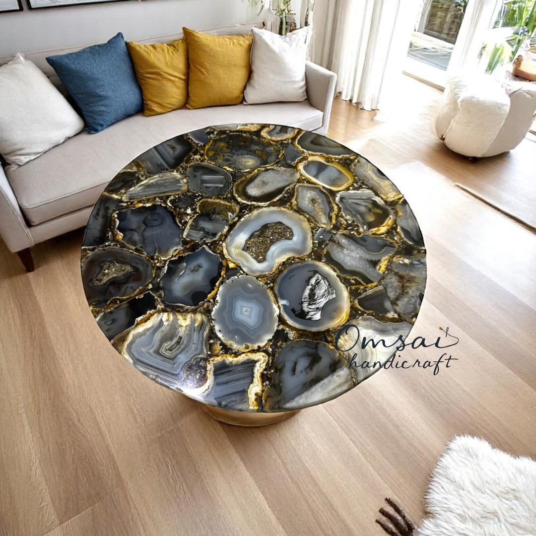 Round Black Agate Stone Coffee Table: Luxury Gemstone Tabletop - Etsy
