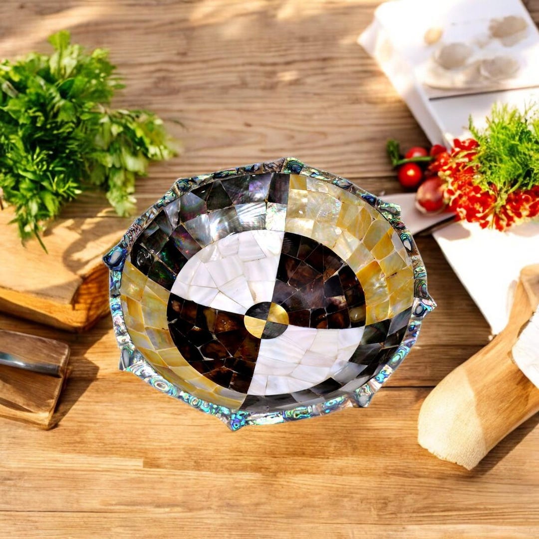 Abalone & Mother of Pearl Bowl: Handmade Gemstone Inlay, 10 ...