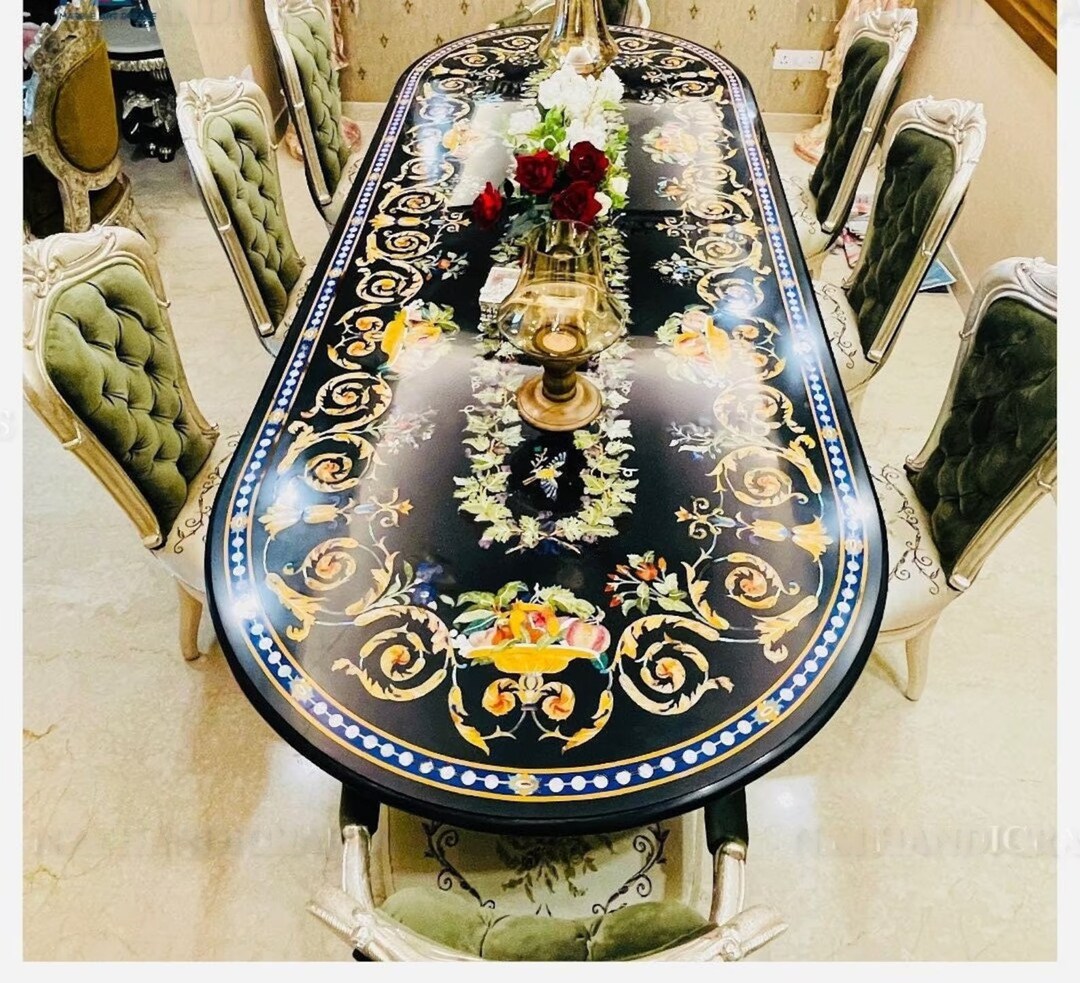 40x80 Elegant Black Marble Oval Dining Table Top With Exquisite Semi ...
