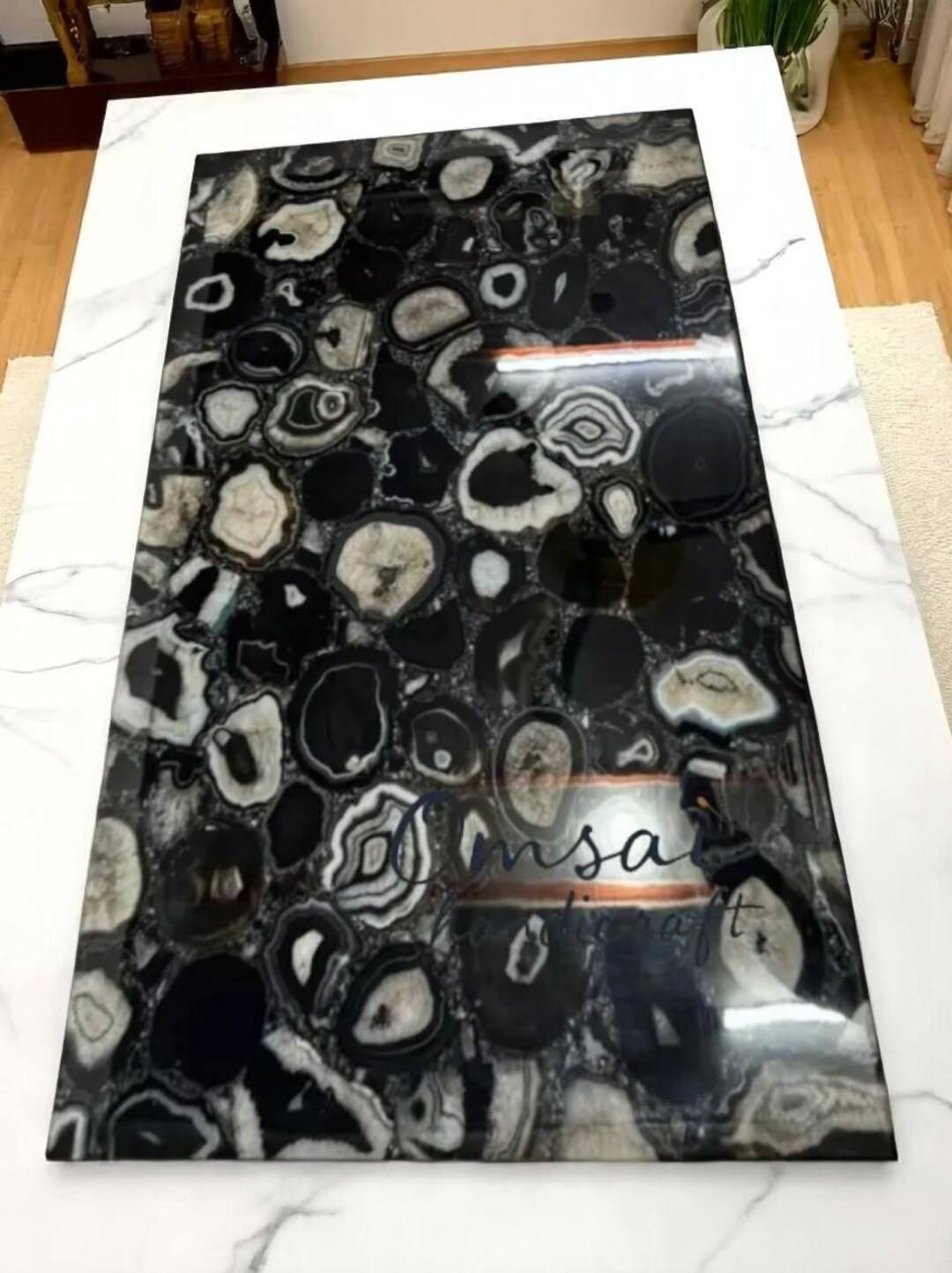 Handmade Black Agate Table Top: Artisan Crafted Stone Art - Etsy