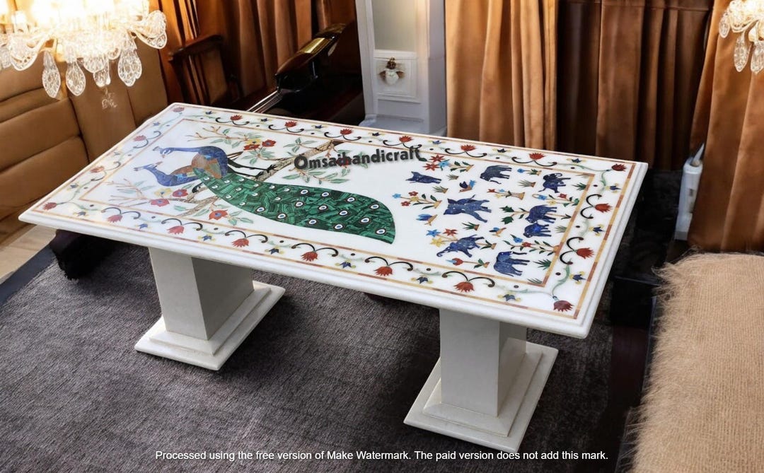 Handmade White Marble Dining Table: Inlay Peacock Art, Contemporary ...