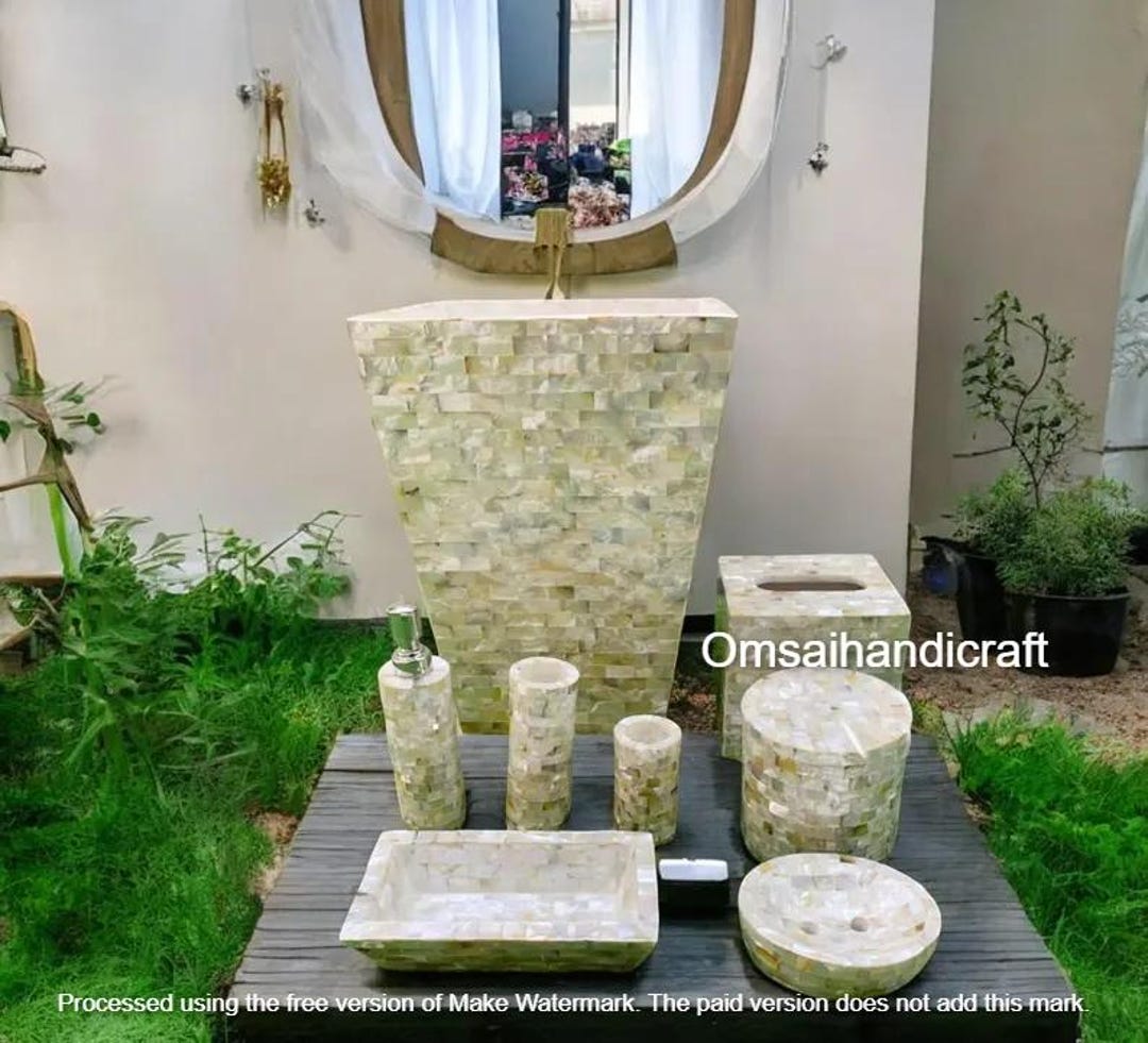 White Mop Inlay Stone Bathroom Set: 8-piece Gemstone Accessories - Etsy