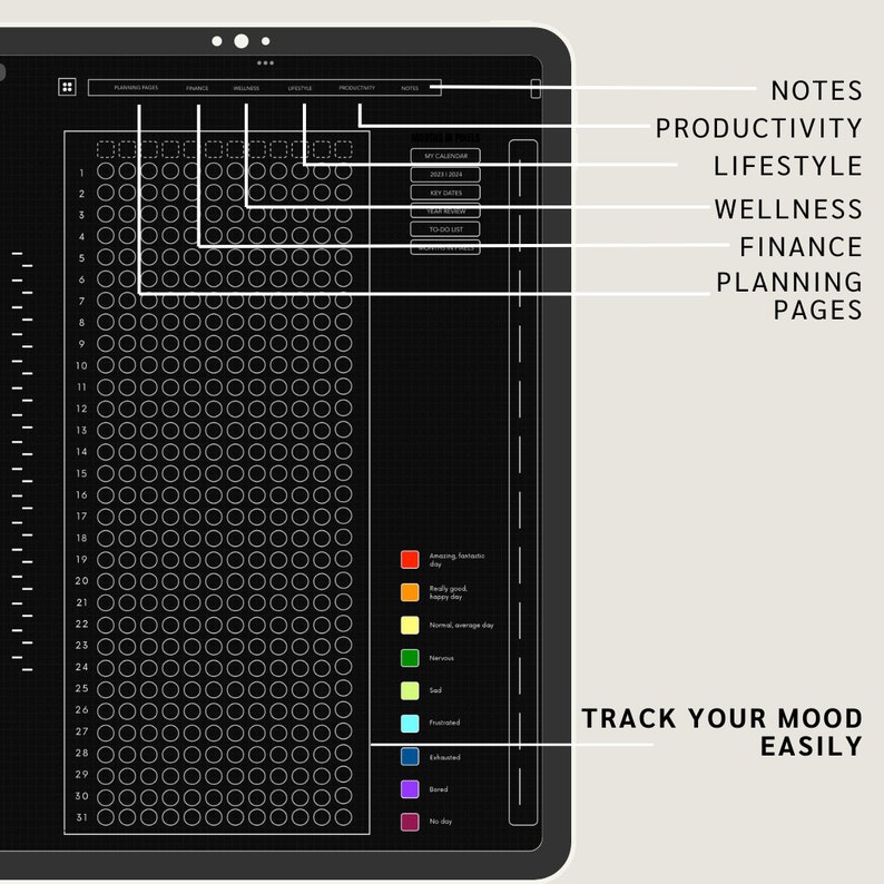 Digital Vertical Black Undated Planner 2023-2024 50,000 Hyperlinks DARK ...