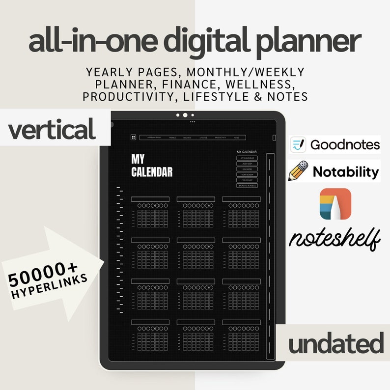 Digital Vertical Black Undated Planner 2023-2024 50,000 Hyperlinks DARK ...
