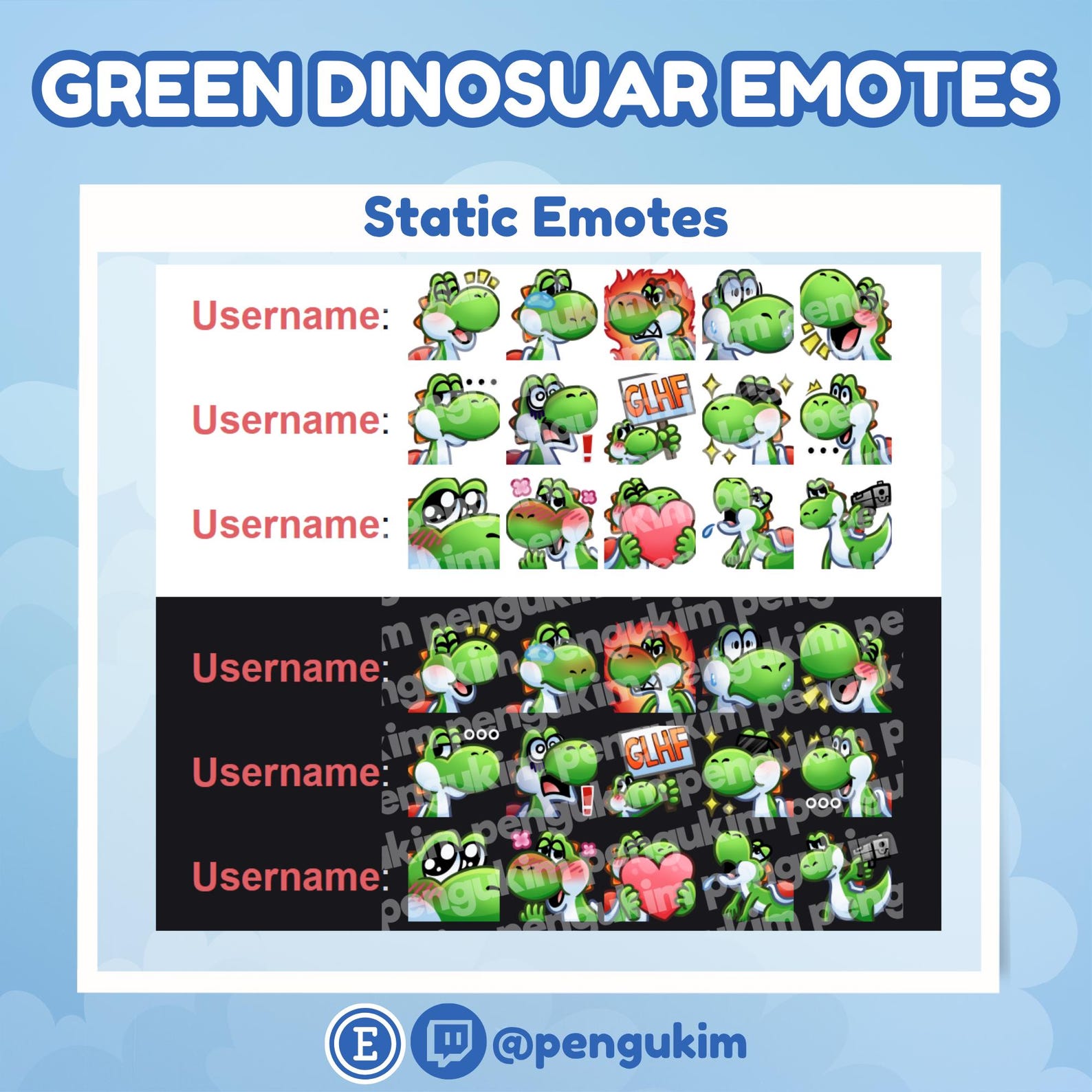 20 Green Dinosaur Static and Animated Emote Pack for Twitch Youtube ...