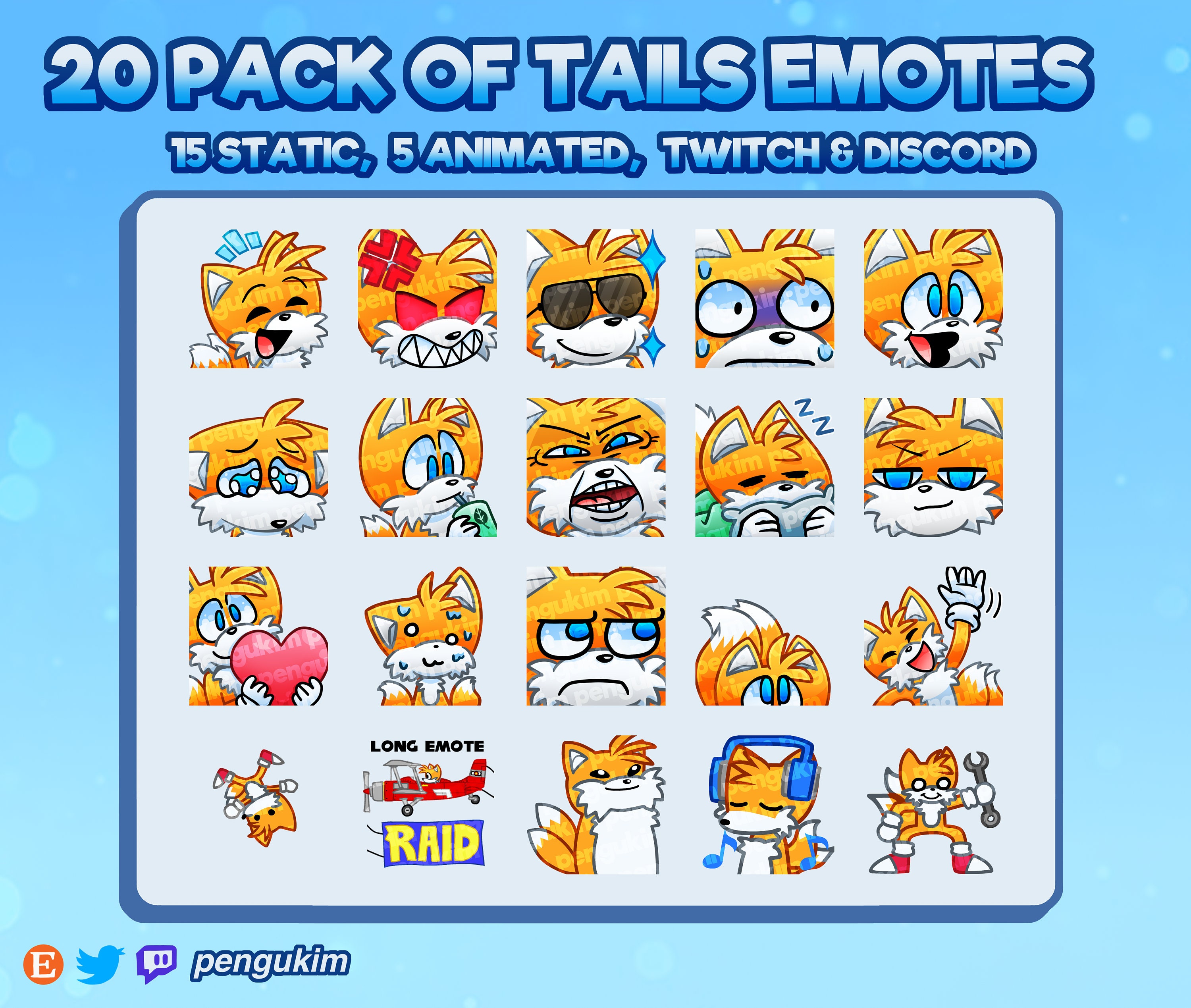 20 Miles tails Prower STATIC ANIMATED Emotes for Twitch, Youtube ...