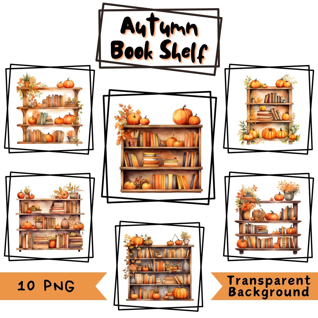 Fall Bookshelves Clipart Bundle, Autumn Bookshelf Clipart, Cozy Autumn ...