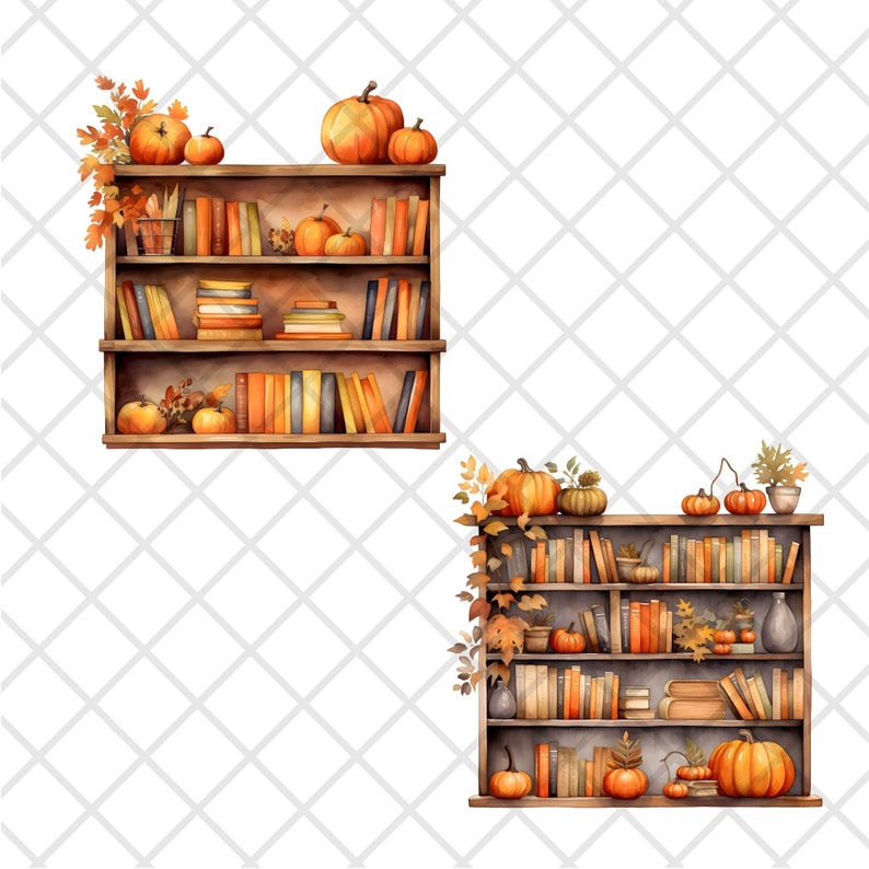 Fall Bookshelves Clipart Bundle, Autumn Bookshelf Clipart, Cozy Autumn ...