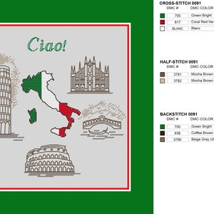 Italy Cross-stitch Pattern, Landmarks Pisa Tower, Rome Coliseum ...