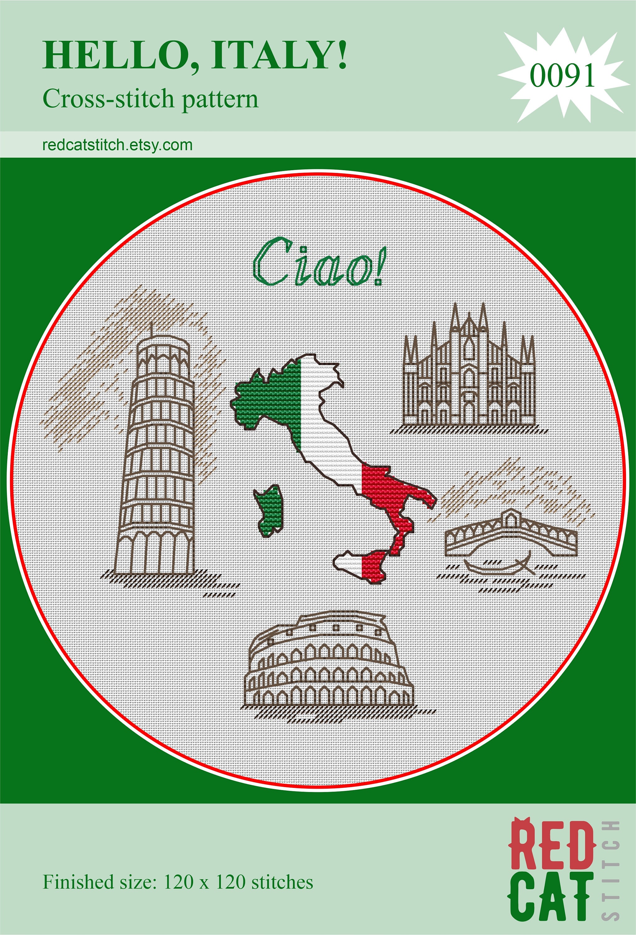 Italy Cross-stitch Pattern, Landmarks Pisa Tower, Rome Coliseum ...