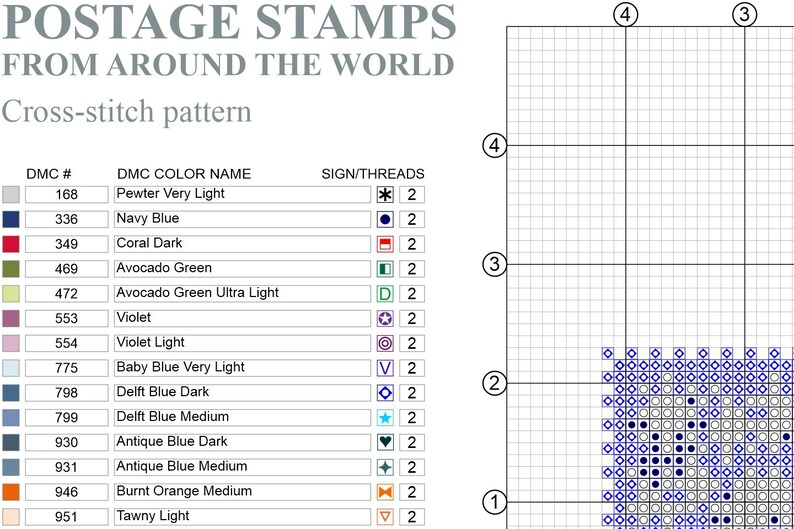 Postage Stamps Around the World. Set 1 of 8 Cross-stitch Patterns in ...