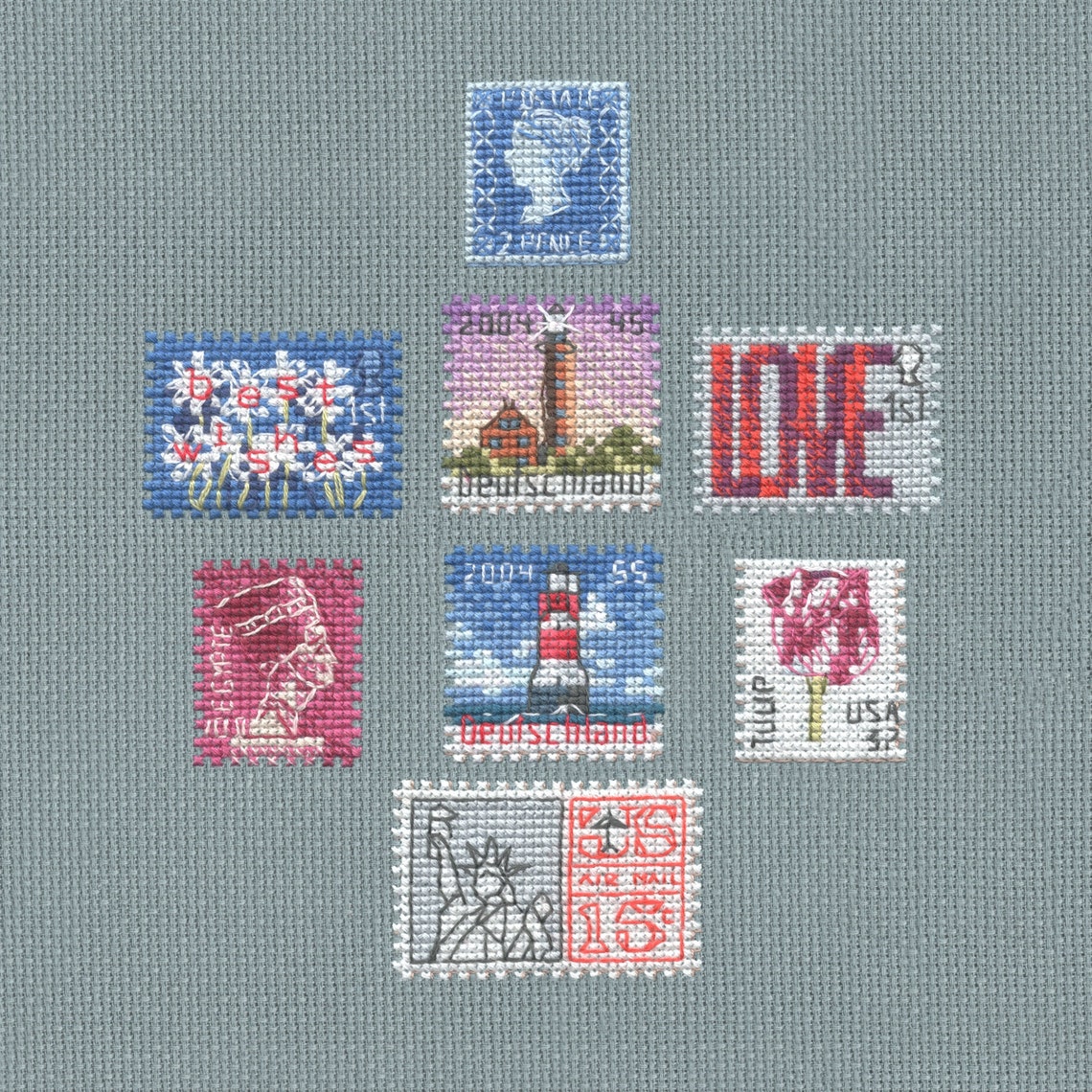 Postage Stamps Cross-stitch Pattern PDF DIY 8 Mini Embroidery. Set #1 ...