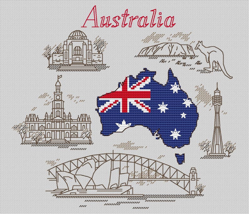 Australia Cross-stitch Pattern. Uluru, Sydney Opera, Harbour Bridge ...