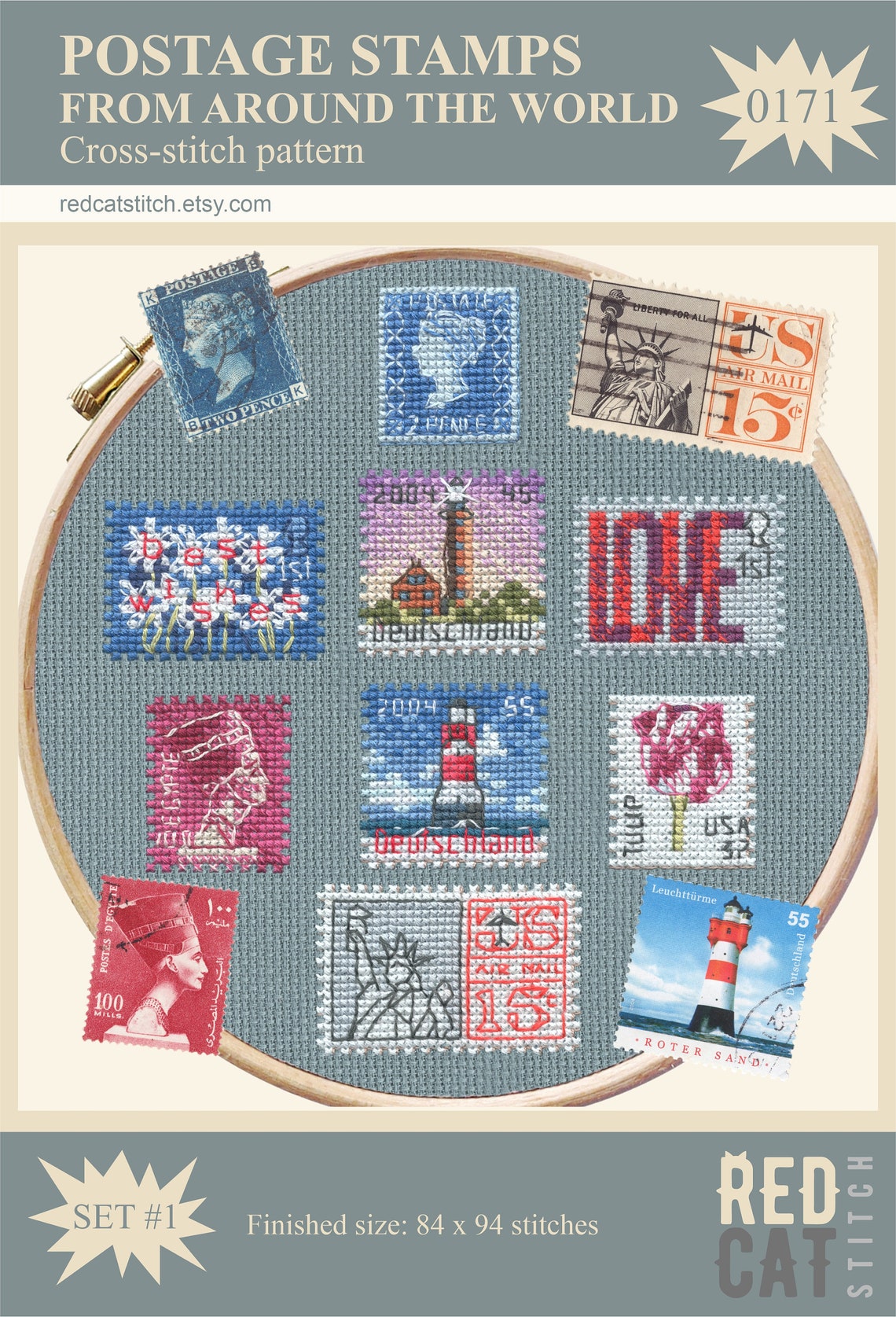 Postage Stamps Cross-stitch Pattern PDF DIY 8 Mini Embroidery. Set #1 ...
