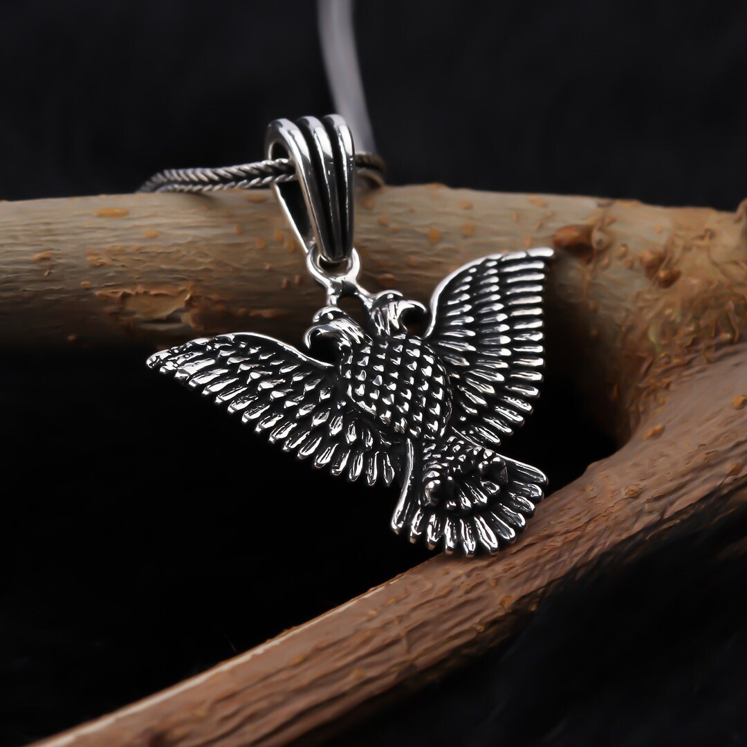 Winged Eagle Men Necklace Sterling Silver Eagle Pendant Double Headed ...