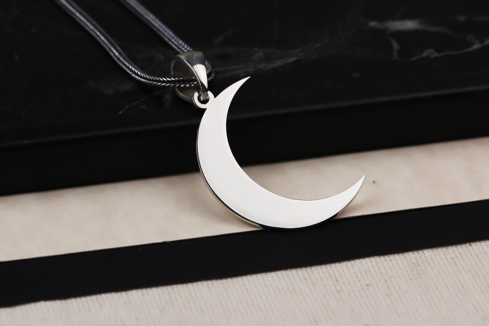 Sterling Silver Crescent Moon Pendant Necklace - Men's Half Moon Charm ...