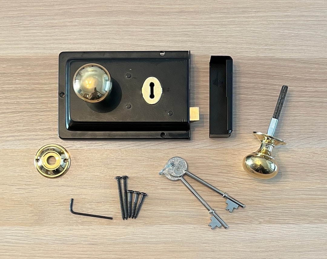 Black Brass Fluted Victorian Rim Lock 40mm Brass Cottage Door Knob Set ...
