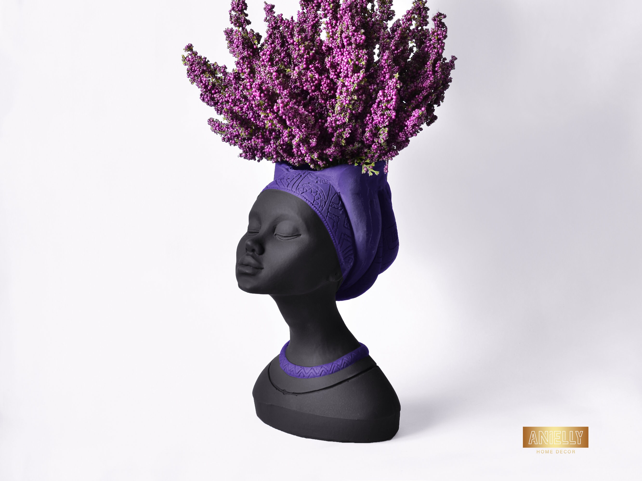Mayra Vase With Purple Turban, Female Head Planter, Indoor Home Decor ...